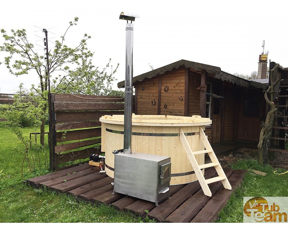 Big plastic hot tub with external heater and massage system